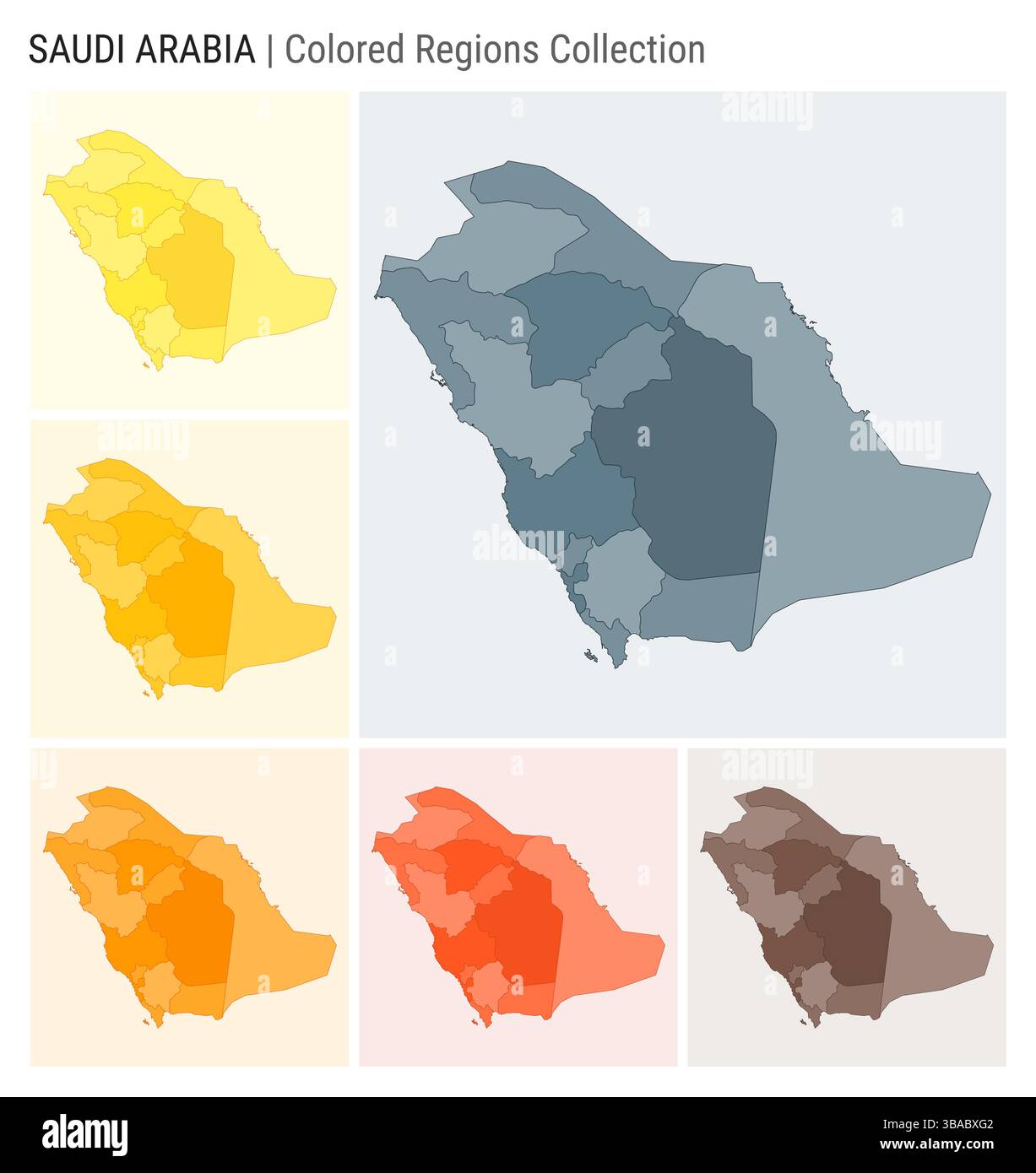 Saudi Arabia map collection. Country shape with colored regions. Blue ...