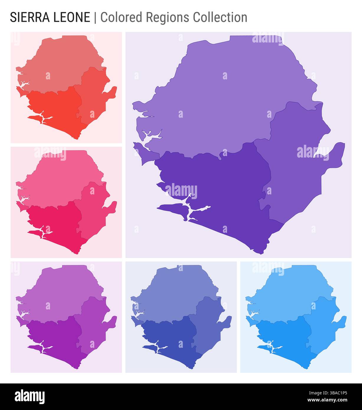 Sierra Leone map collection. Country shape with colored regions. Deep Purple, Red, Pink, Purple ...