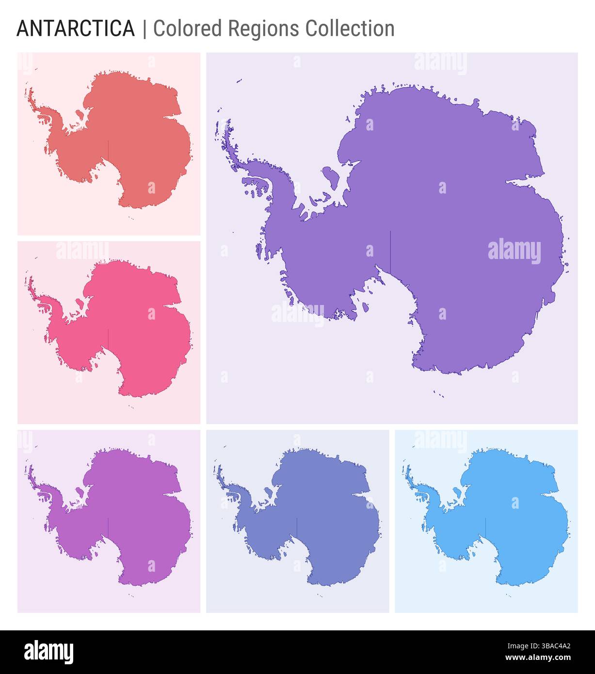 Antarctica map collection. Country shape with colored regions. Deep ...