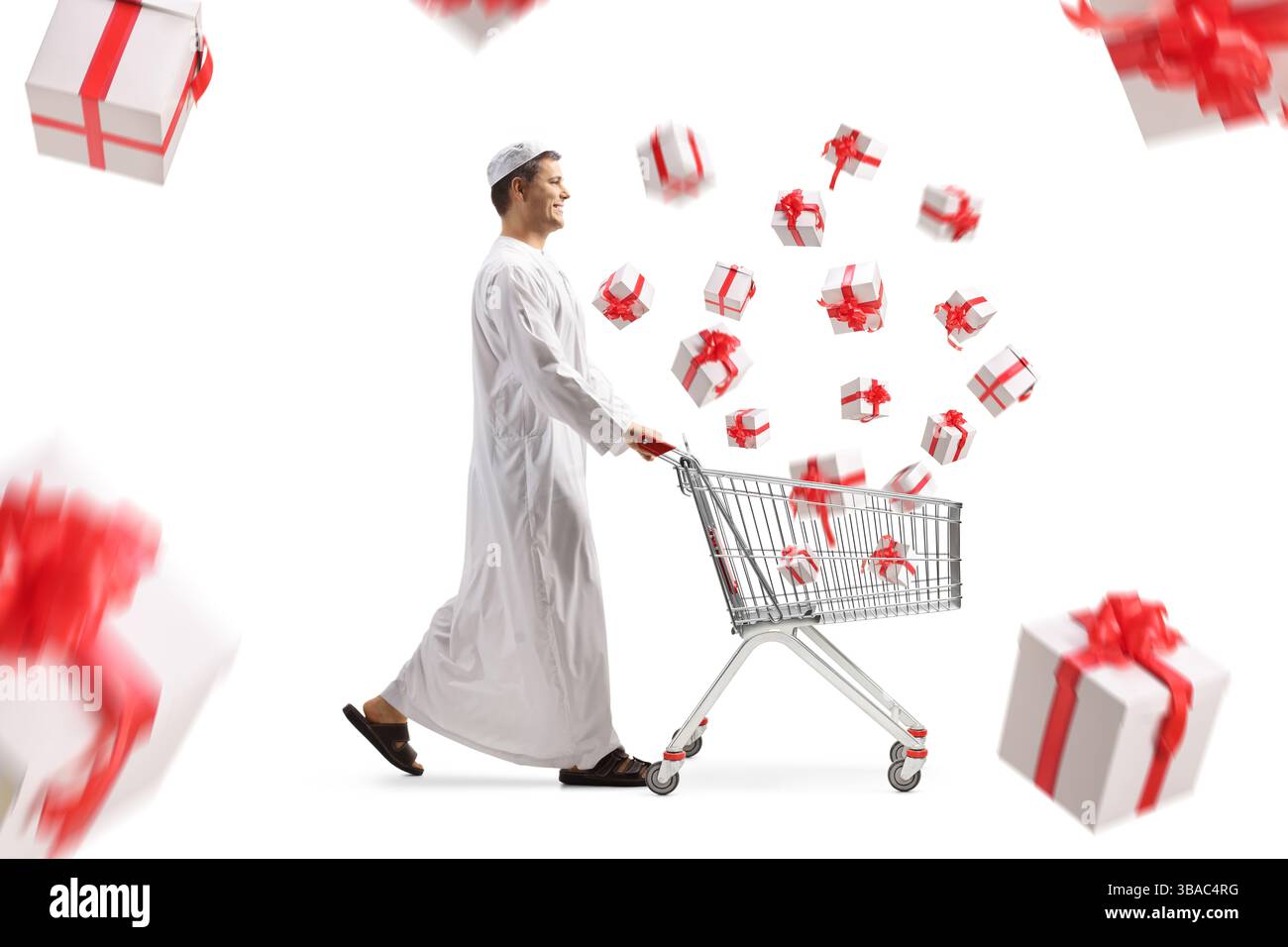 Full length profile shot of a middle eastern man walking and pushing a ...