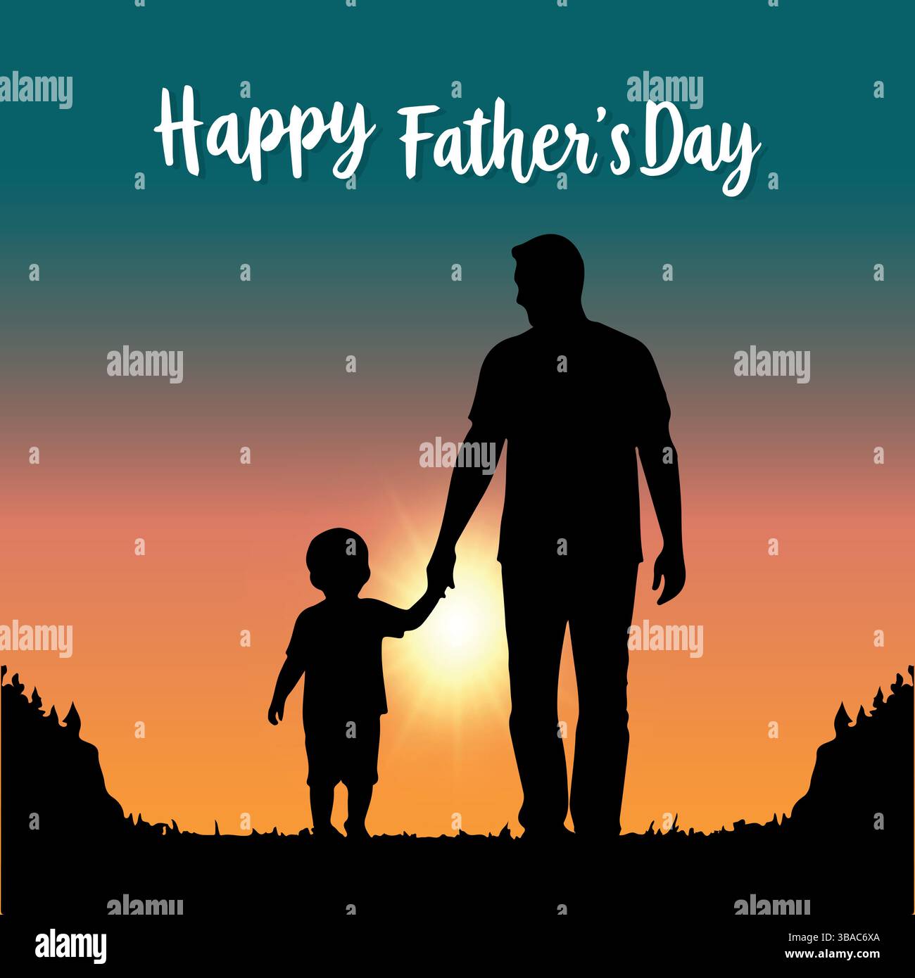 Happy Father's Day with dad and children silhouettes. Father's Day ...