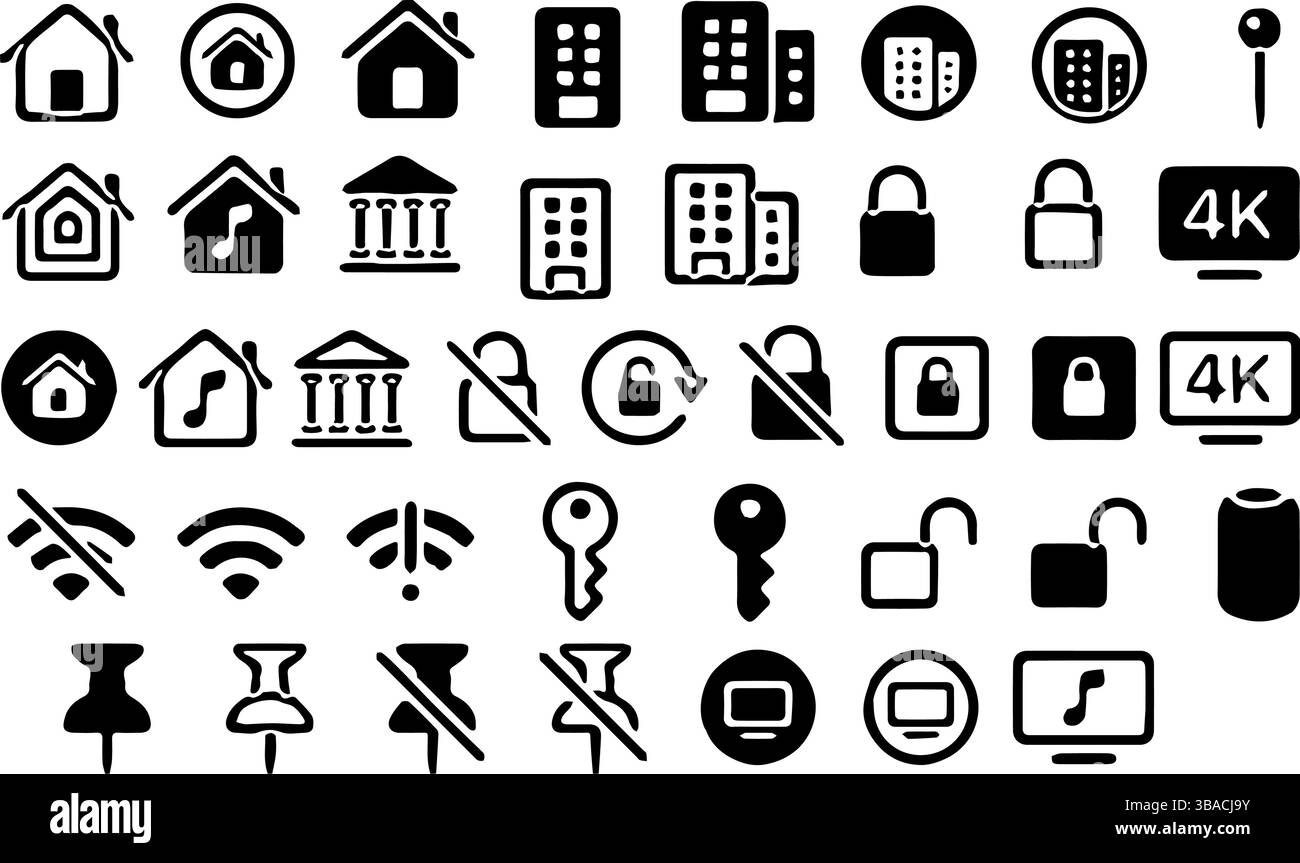 Vector home building lock key TV music icons set Stock Vector Image ...