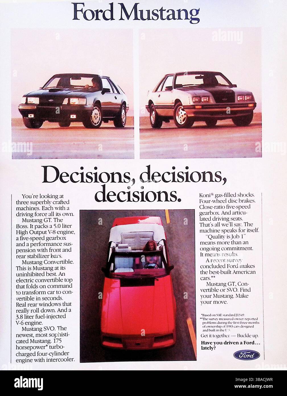 1984 Ford Mustang advertisement featuring three models: GT, Convertible ...