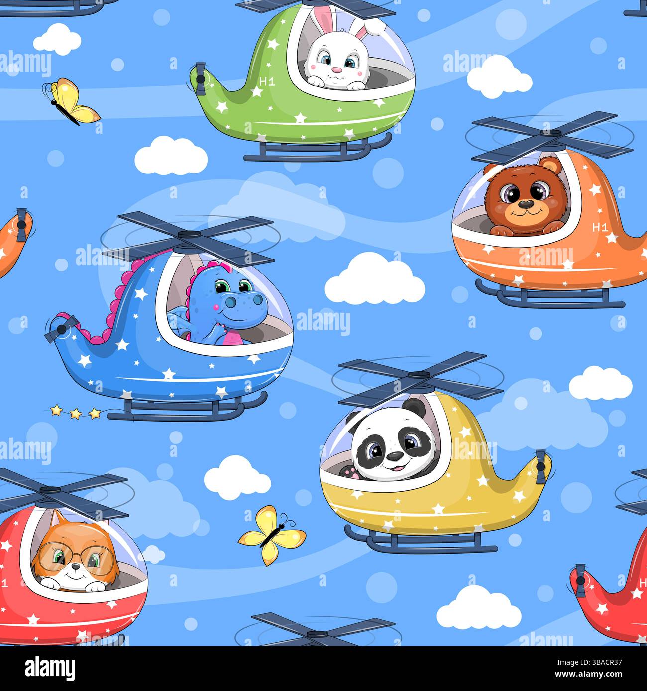 Seamless Pattern with Cute Cartoon Helicopters with different Animals ...