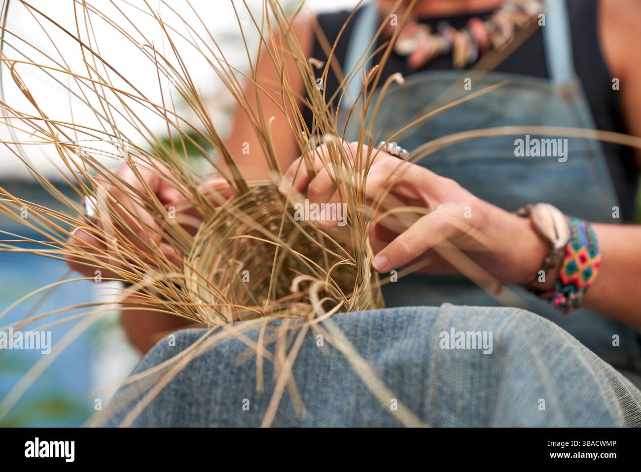 Front view of Hispanic woman weaving a cesco with esparto fibers ...