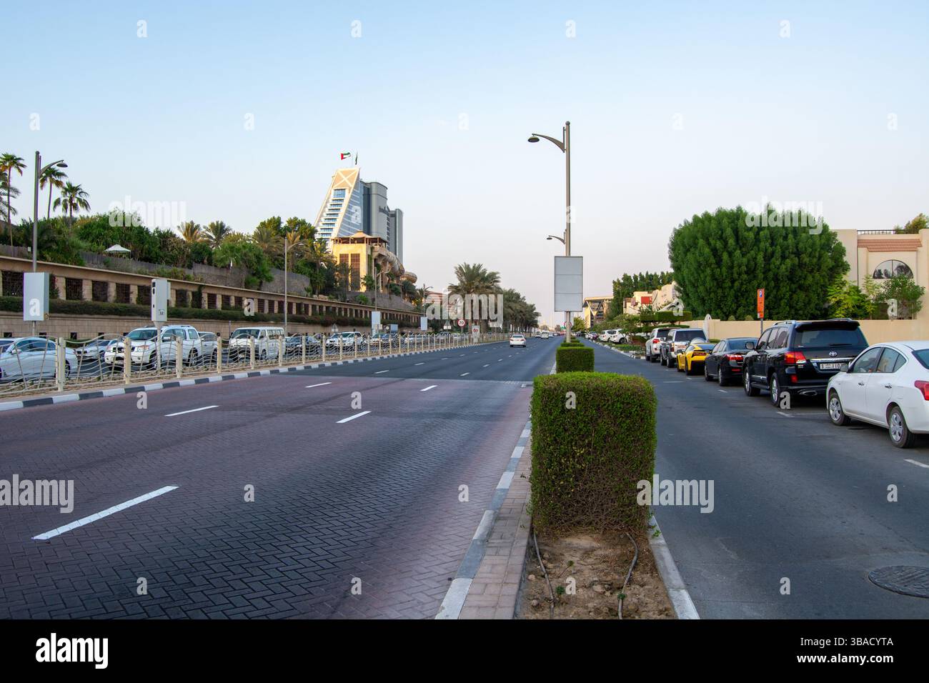 A wide street lined with parked cars on both sides, featuring palm ...
