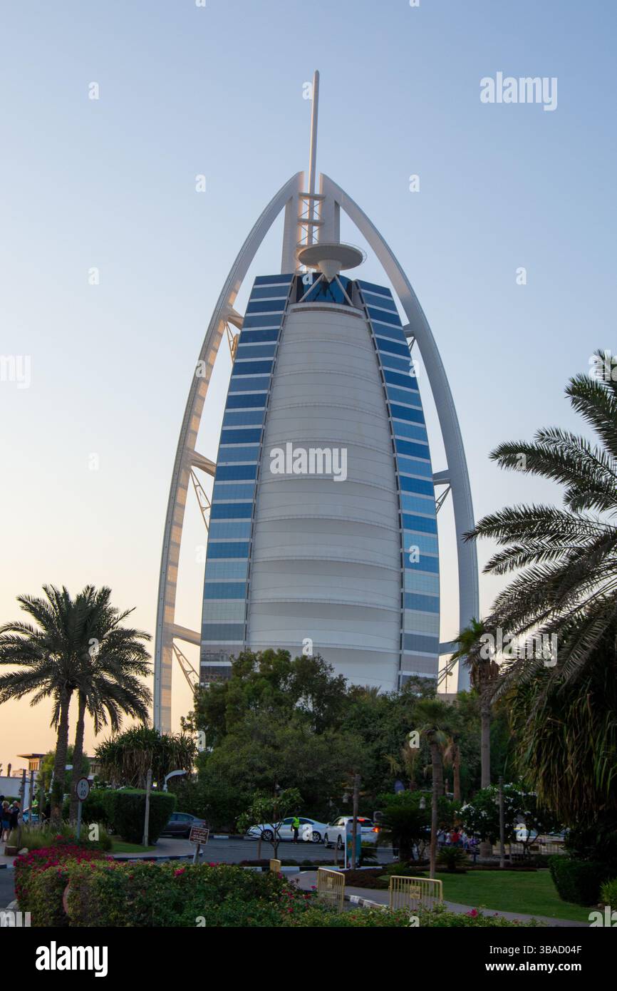 A view of the Burj Al Arab, an iconic luxury hotel in Dubai, showcasing its unique sail-shaped ...