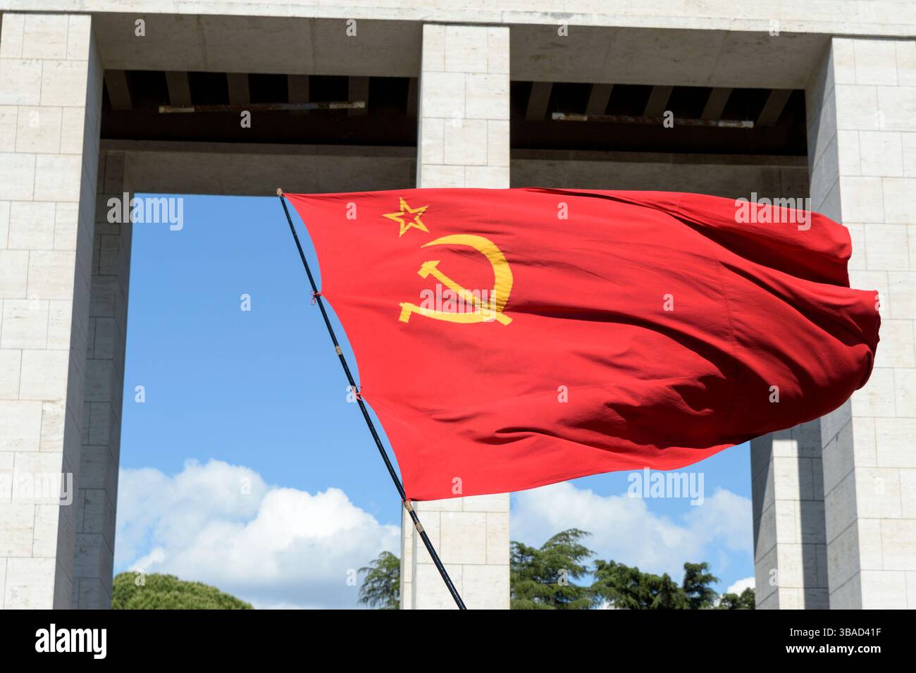 Rome, Italy. 10th May, 2025. The red flag with the hammer and sickle ...