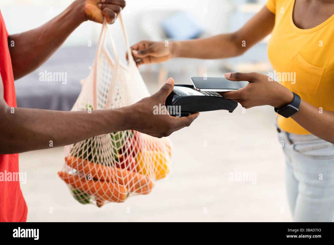 Grocery Shopping Delivery. African American Woman Paying With Credit ...
