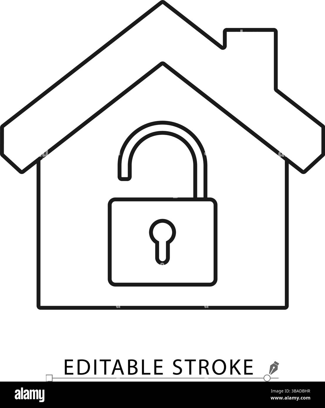 House with open padlock icon in minimal black outline style on white ...