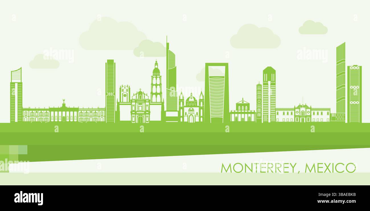 Green Skyline panorama of city of Monterrey, Mexico - vector ...