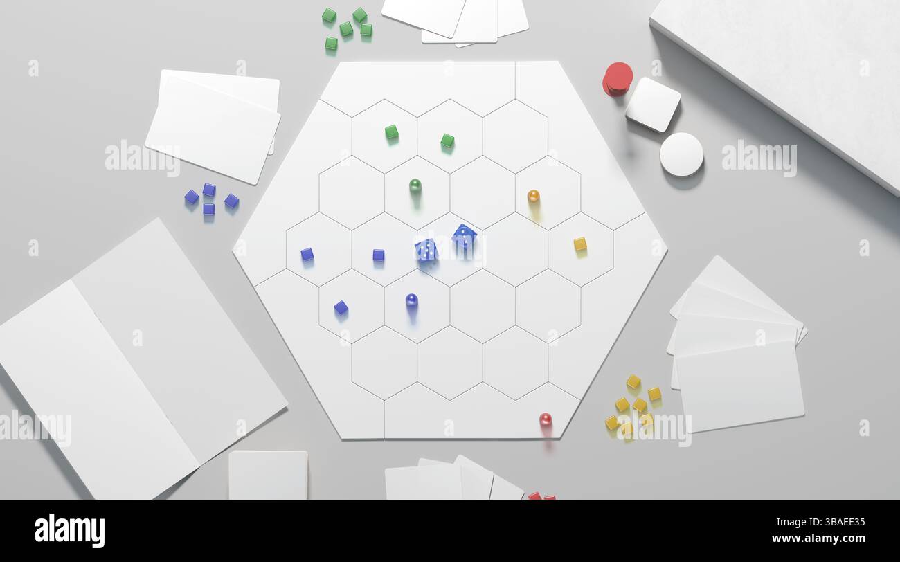 White board game field with chips, dice and cards mockup, 3d rendering ...