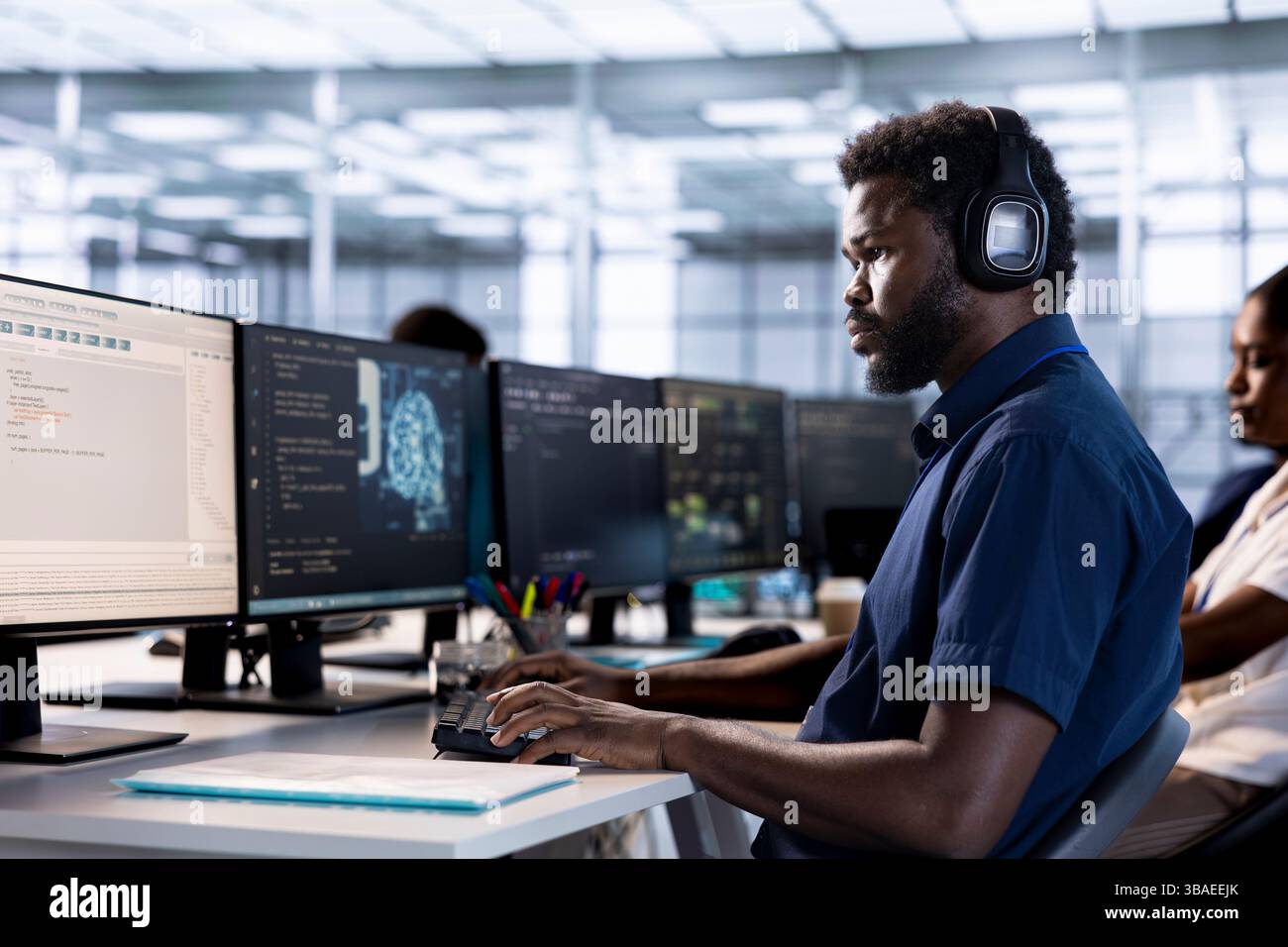 Server room employee listening music, creating high performance AI systems on PC. Admin in data ...