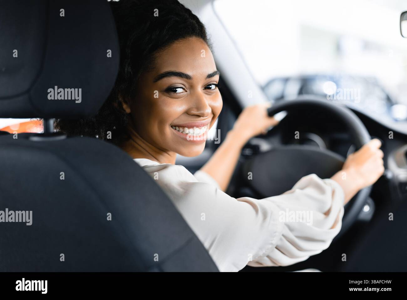 Afro Woman Driver Buying New Car Doing Test Drive Choosing New Auto In ...