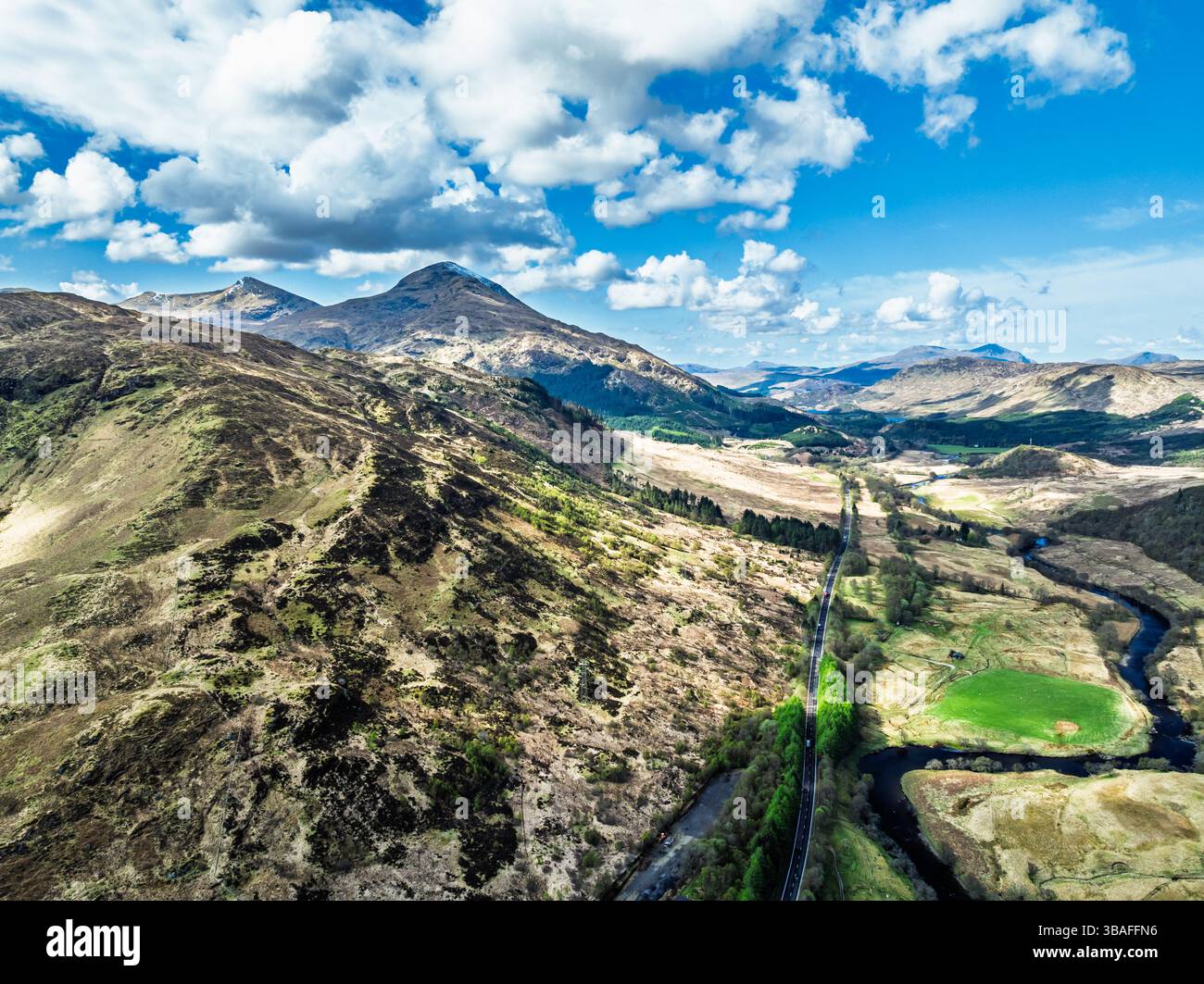 Farms and Mountains over River Dochart and Road A85 from a drone ...