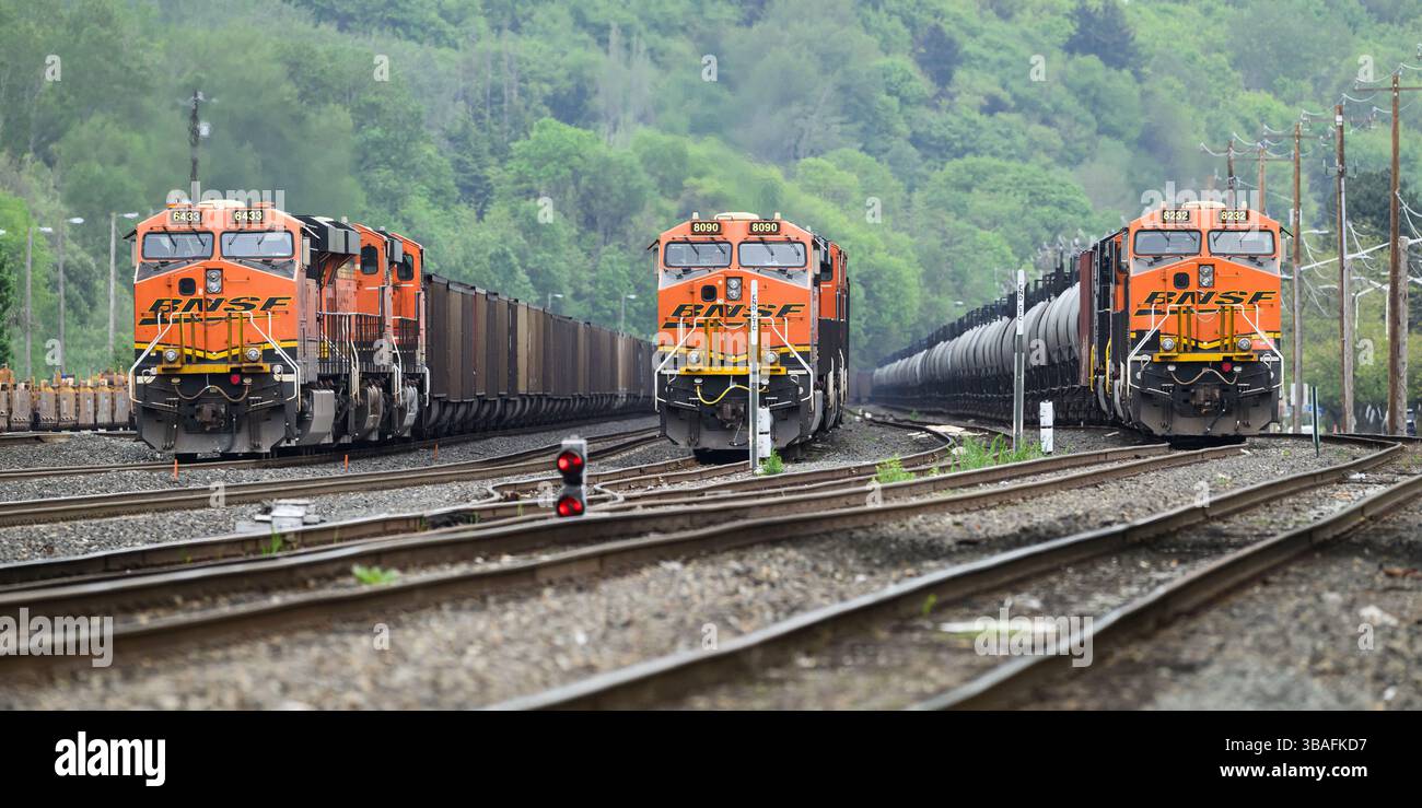 Seattle - April 27, 2025; Three BNSF freight trains with cargo waiting to depart across multiple ...