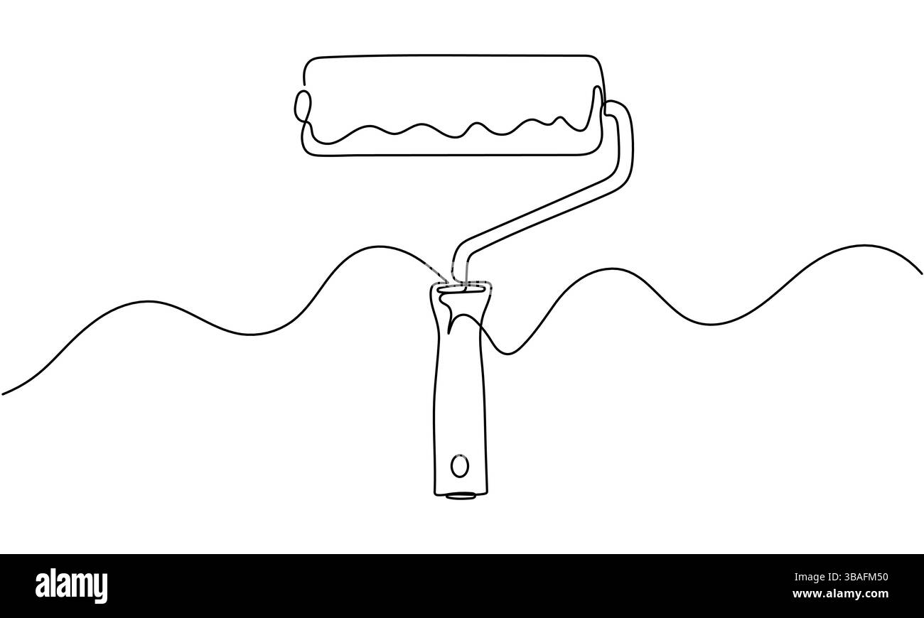 Continuous editable line drawing of paint roller. One line drawing ...