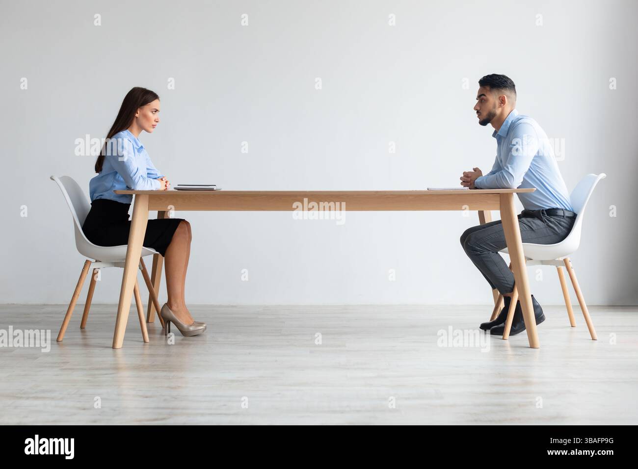 Interview, Business Meeting Concept. Profile side view of two serious ...