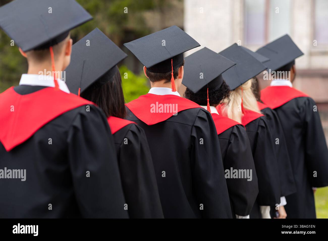 Back view of diverse group of students wearing graduation gowns and ...