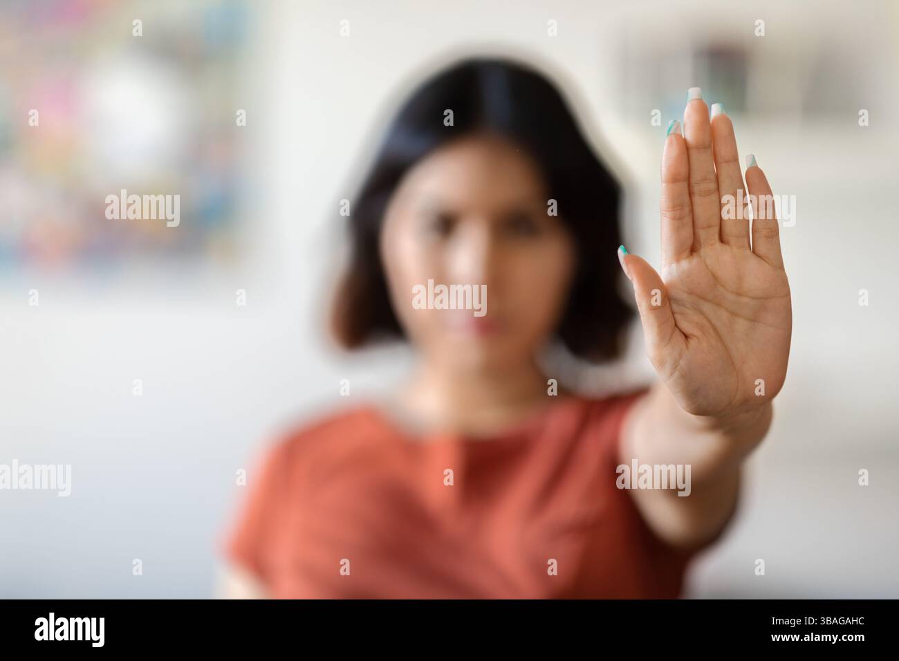 Stop Domestic Violence. Serious Young Woman Showing Open Palm Gesture ...