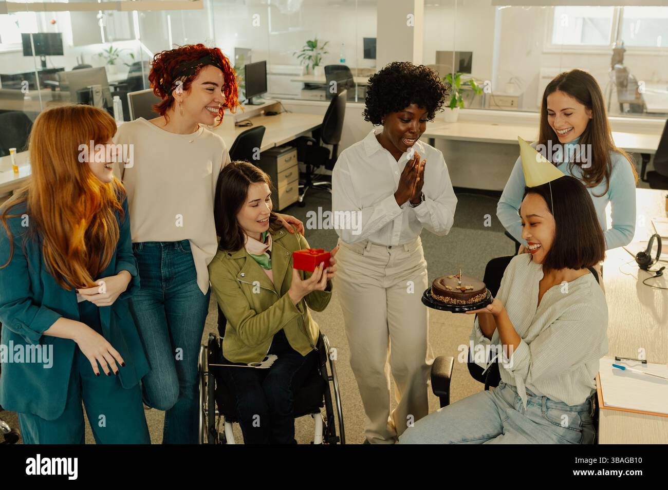 Diverse people celebrating their female asian chinese colleague ...