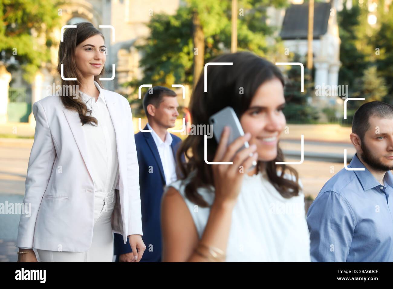 Facial recognition system identifying people on city street, selective ...