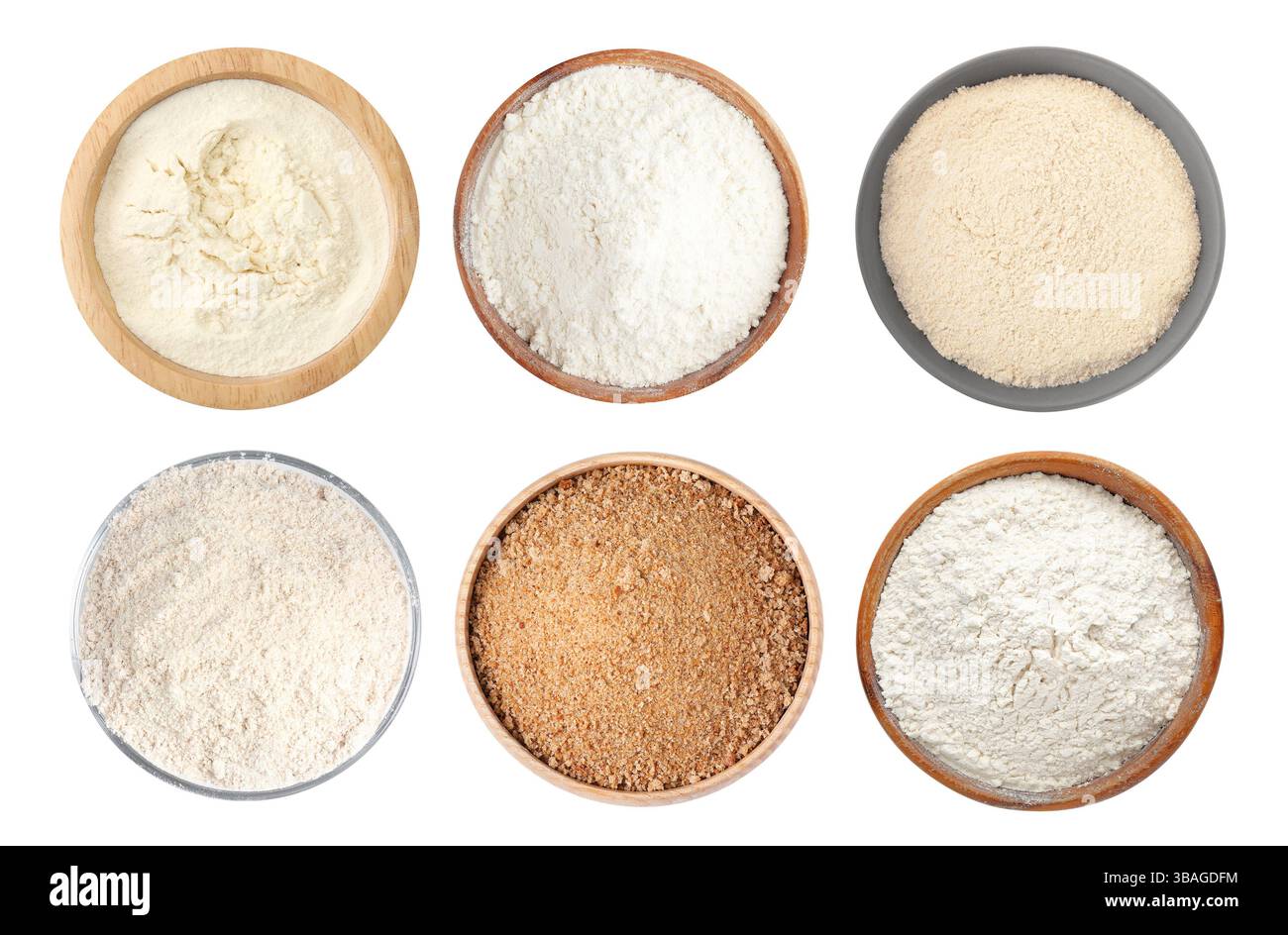 Different types of flour in bowls isolated on white, set. Top view ...