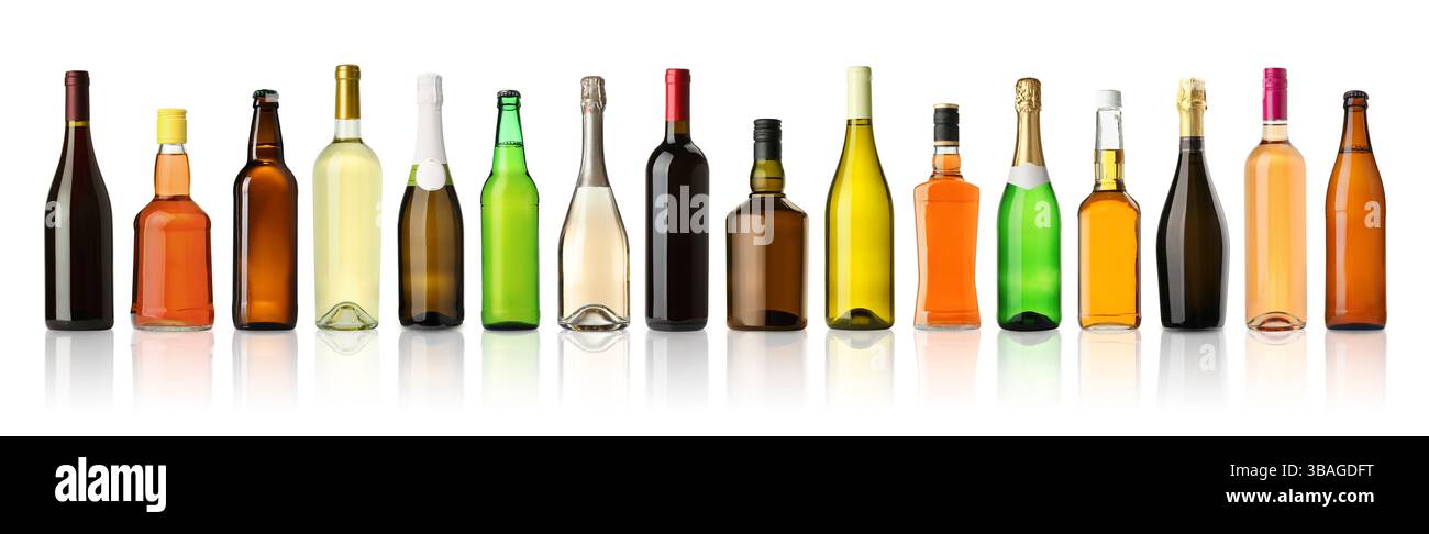Bottles with different types of alcoholic drinks isolated on white, set ...