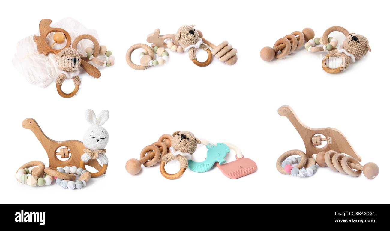 Different baby rattles and diapers isolated on white, set Stock Photo ...