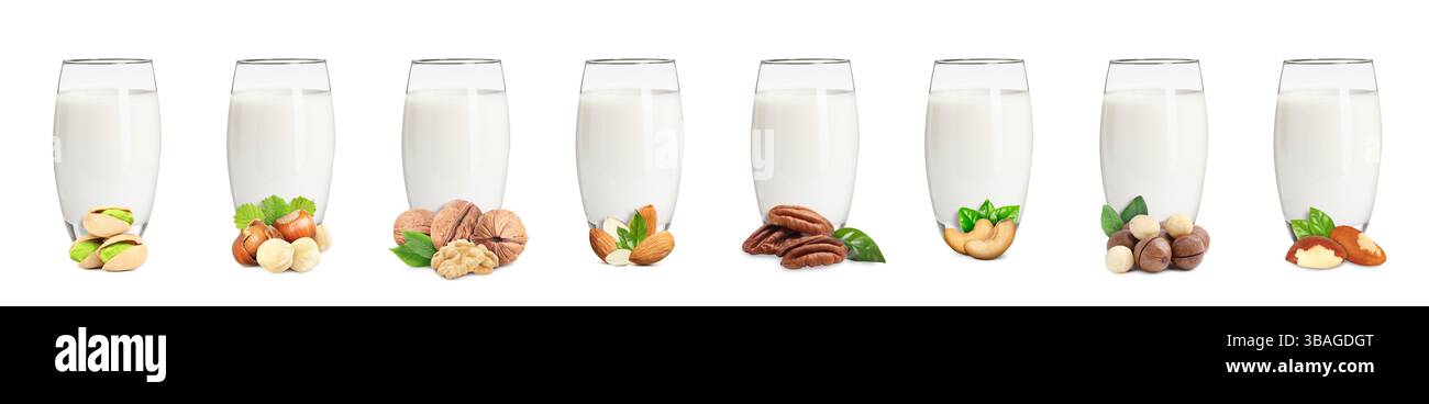 Different types of nut milk in glasses isolated on white, set Stock ...