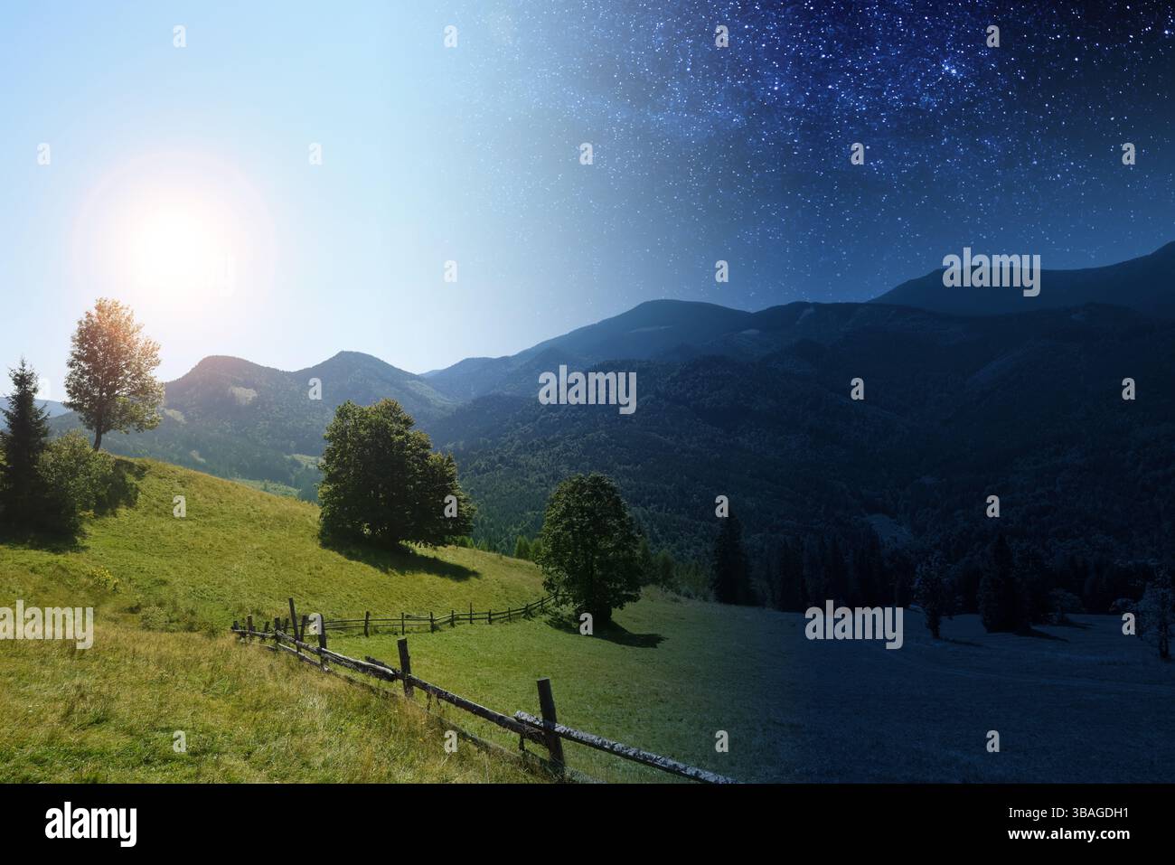 Day and night mountain landscape, collage. Sunshine over green meadow ...