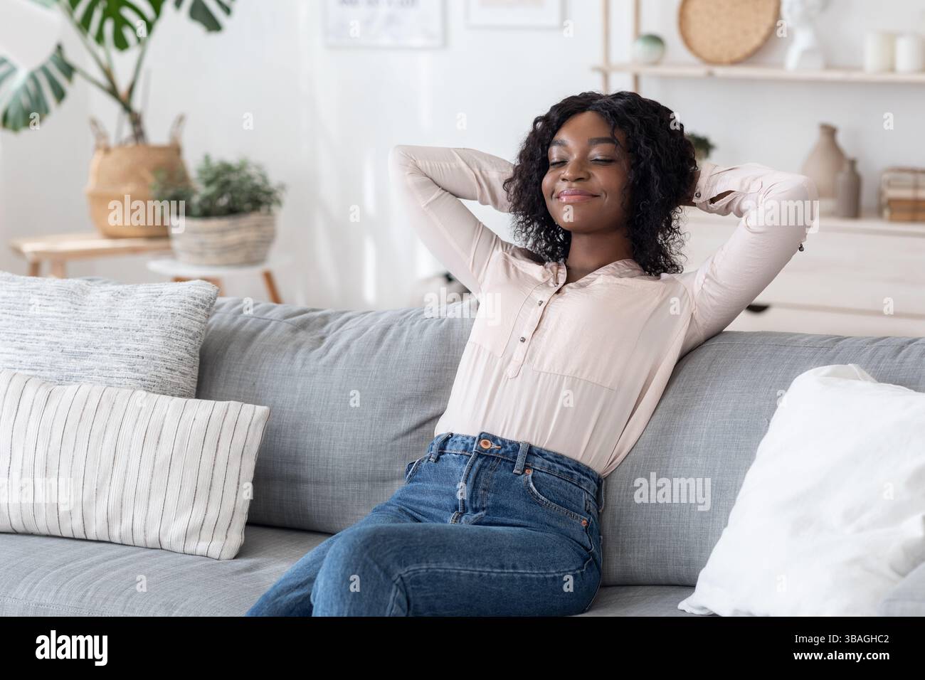 Lazy Day. Smiling Black Lady Leaning Back On Comfy Sofa With Closed ...
