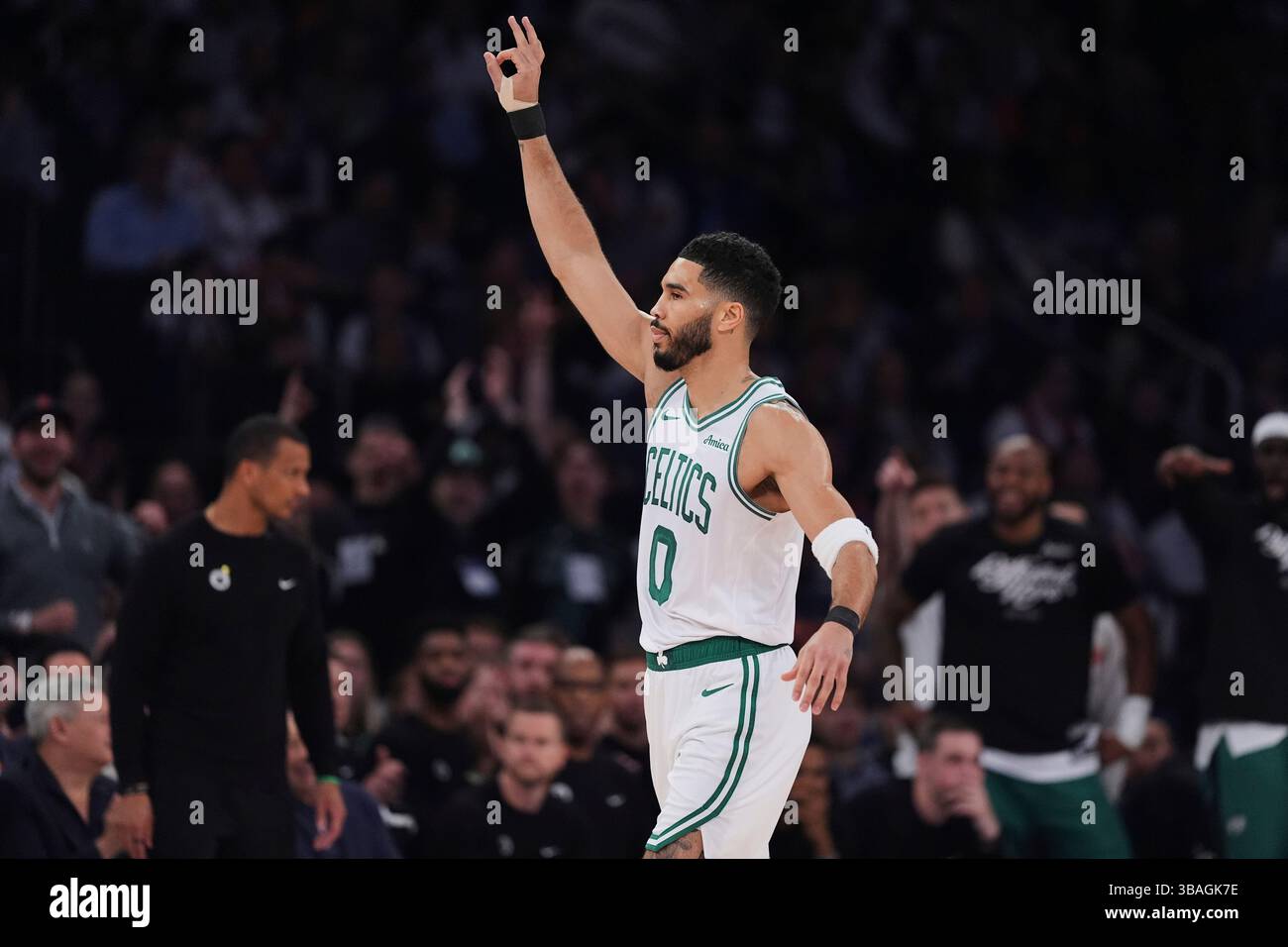 Boston Celtics' Jayson Tatum (0) gestures after making a three-point ...