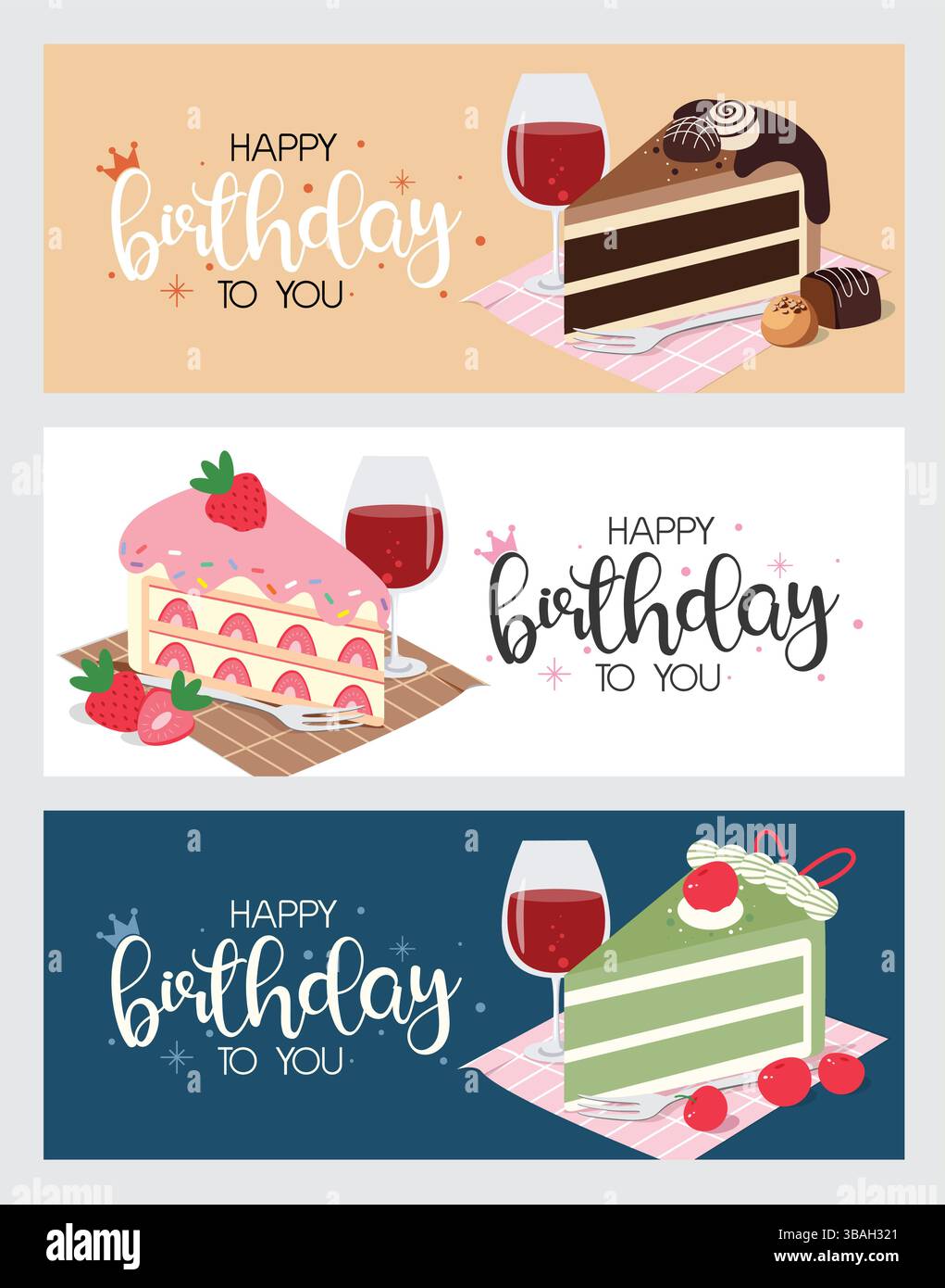 Happy birthday greeting card clipart banner set. Birthday cake slices ...