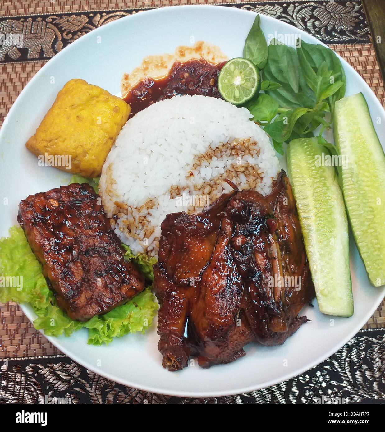 Indonesian Food - Steamed rice with Ayam Bakar, Tempe Bacem and Tahu ...
