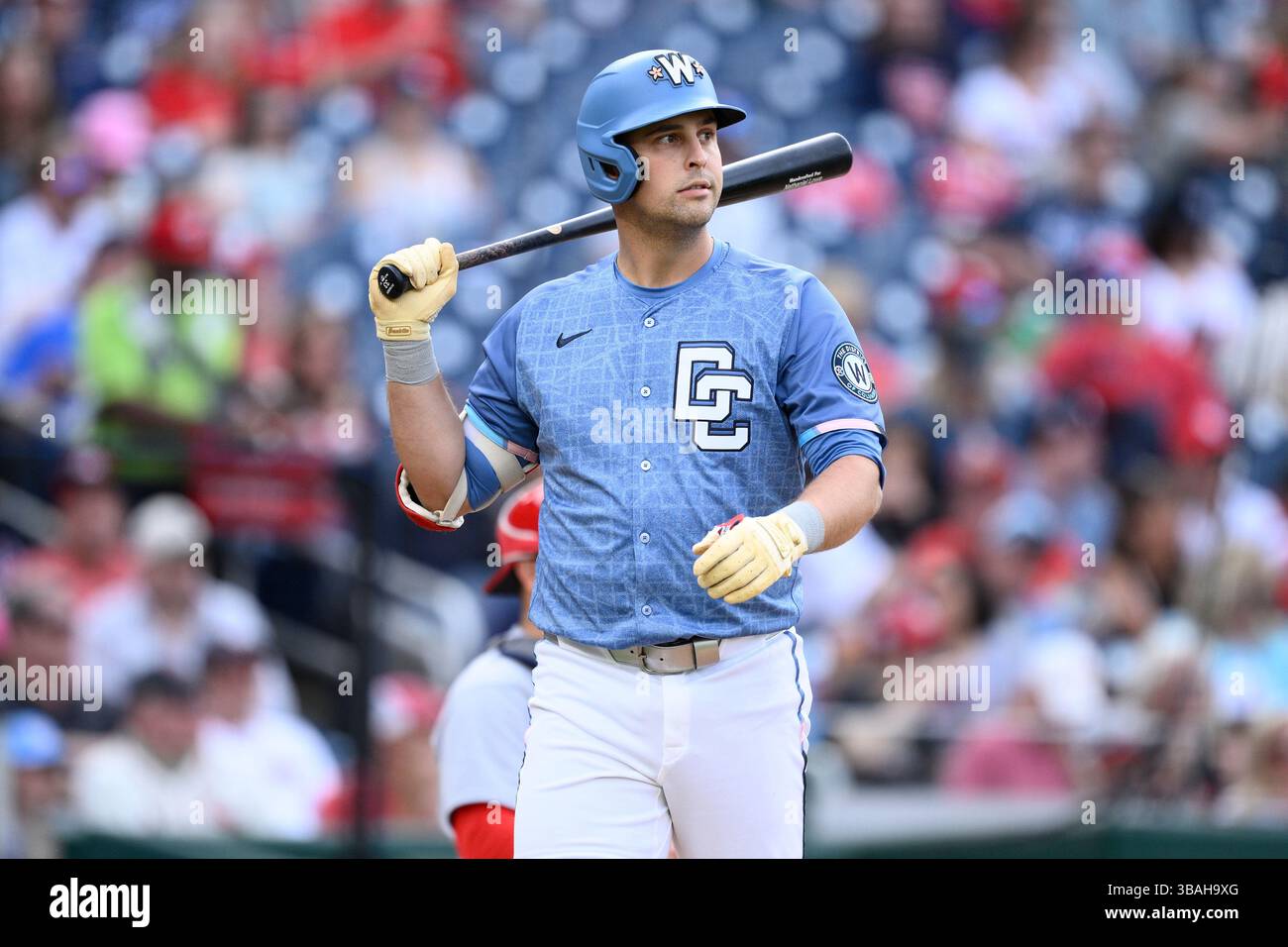 Washington Nationals' Nathaniel Lowe looks on during a baseball game ...