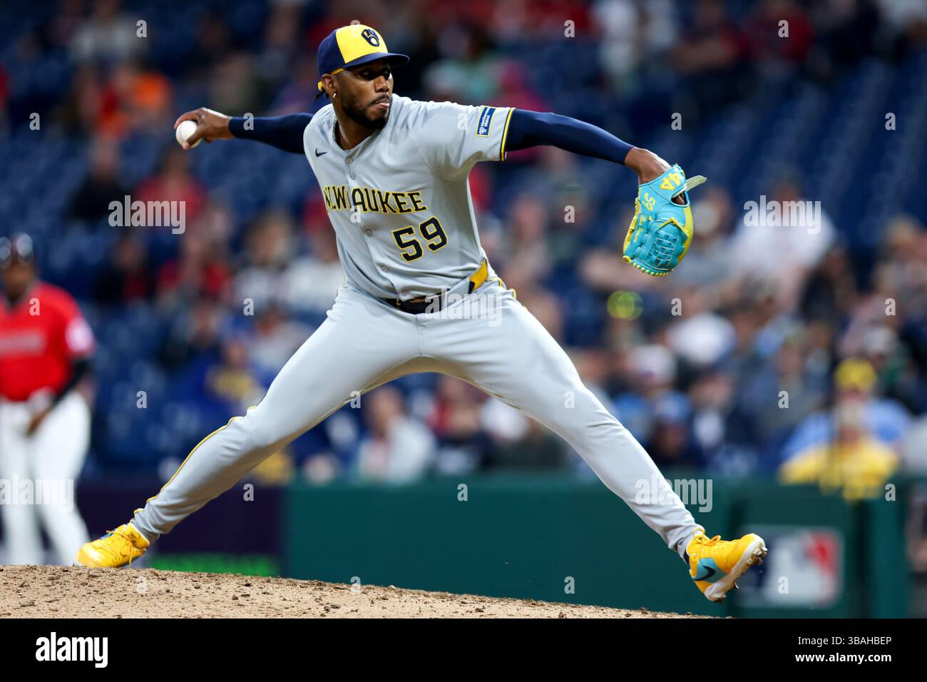 CLEVELAND, OH - MAY 12: Milwaukee Brewers relief pitcher Elvis Peguero ...
