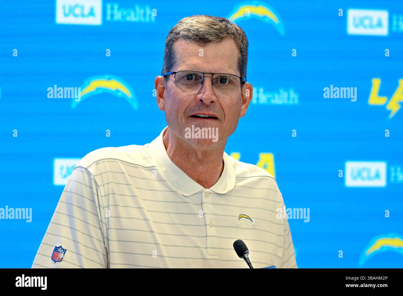 Los Angeles Chargers head coach Jim Harbaugh speaks during Los Angeles ...