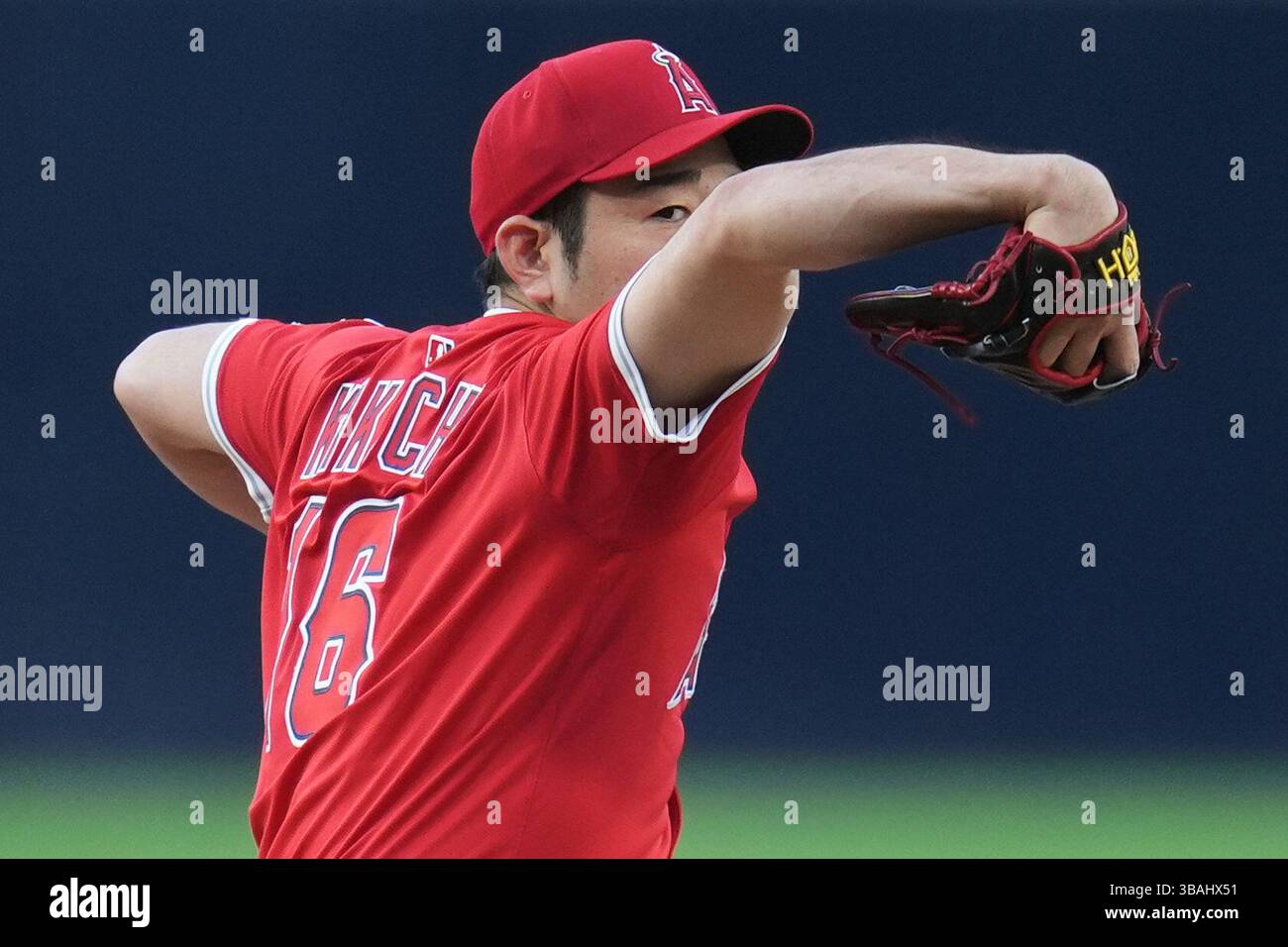 Los Angeles Angels starting pitcher Yusei Kikuchi works against a San ...