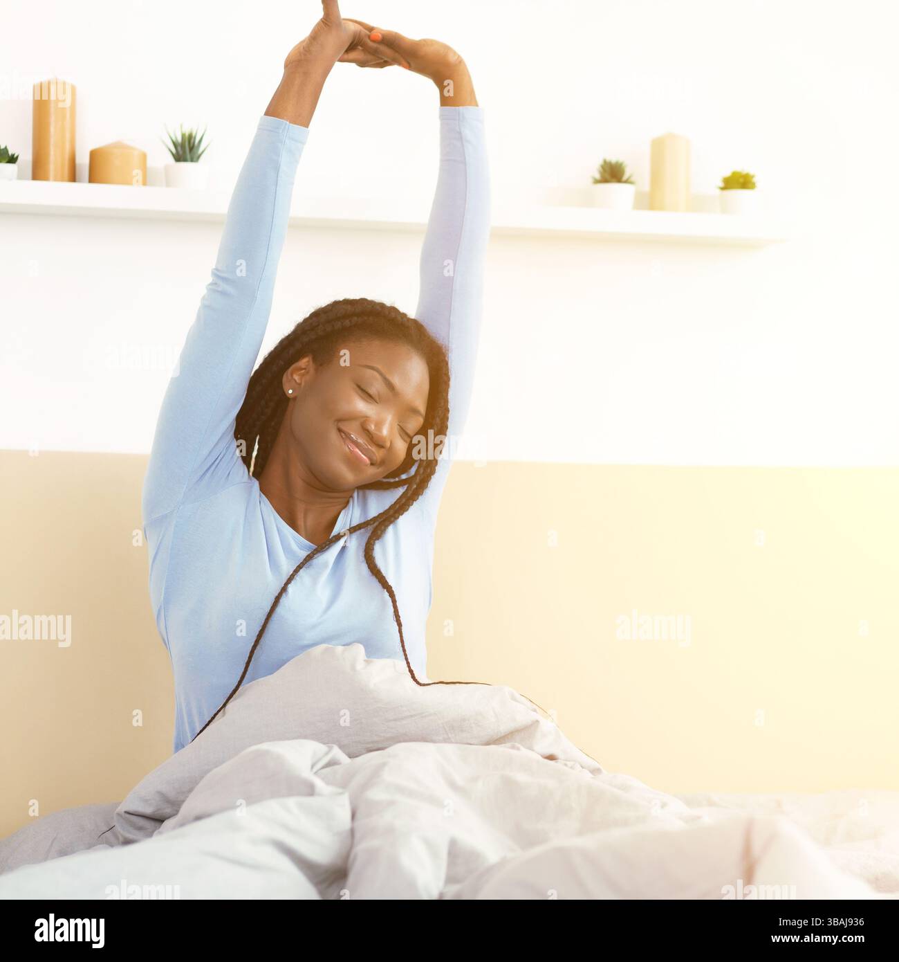 Good Morning. Happy Rested Black Girl Waking Up Stretching Arms Sitting ...