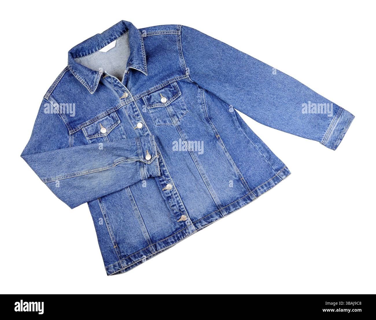 Blue denim jacket with pleated front detail and buttons isolated on a ...