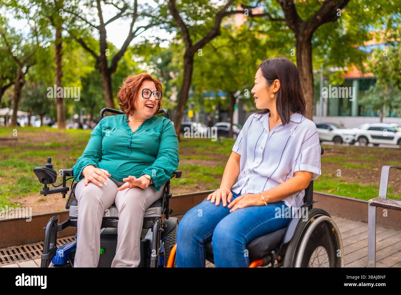 Multi-ethnic disabled people in wheelchair talking in the park Stock ...