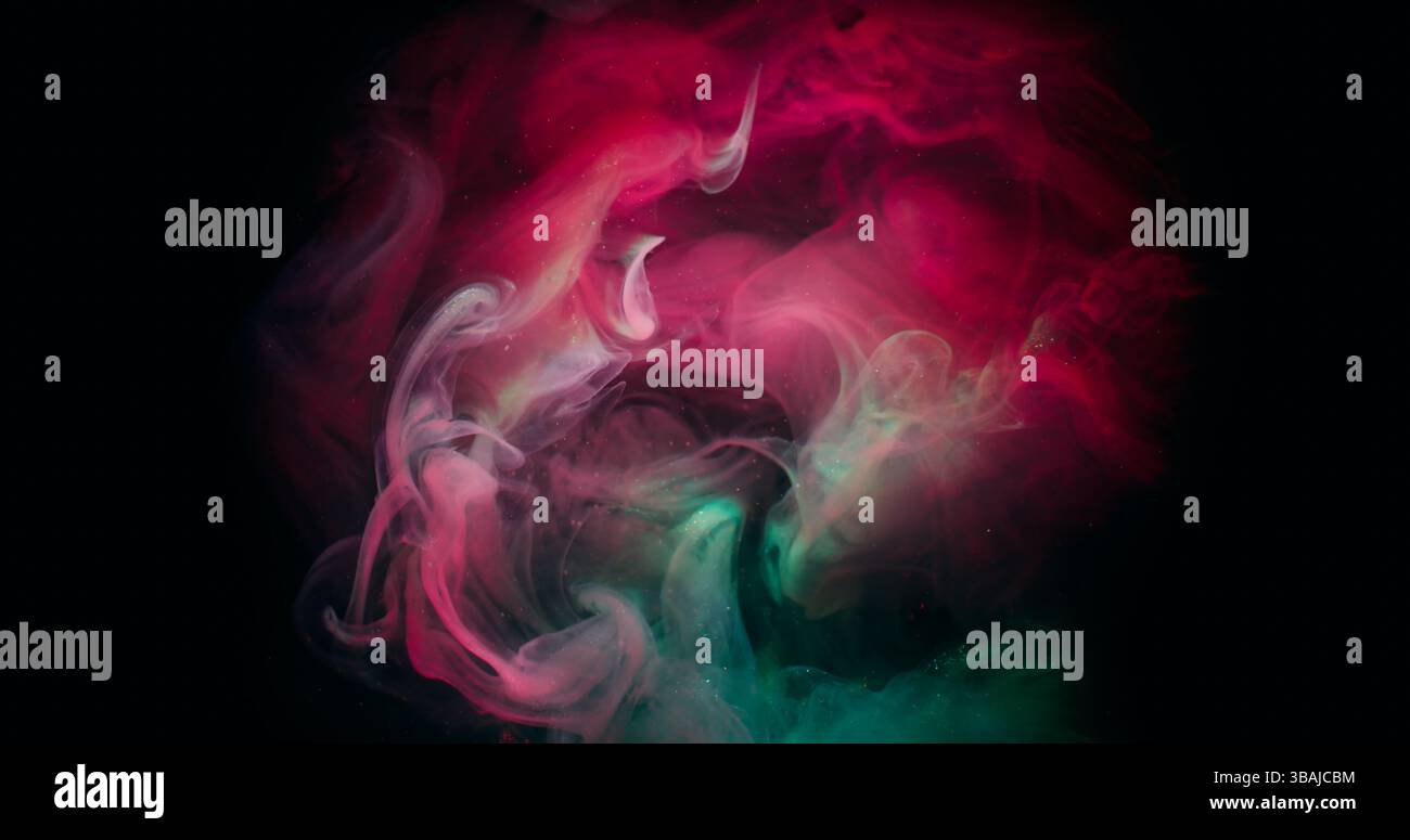 Mist blow. Mix smoke. Red green paint fluid spilling on black blur ...