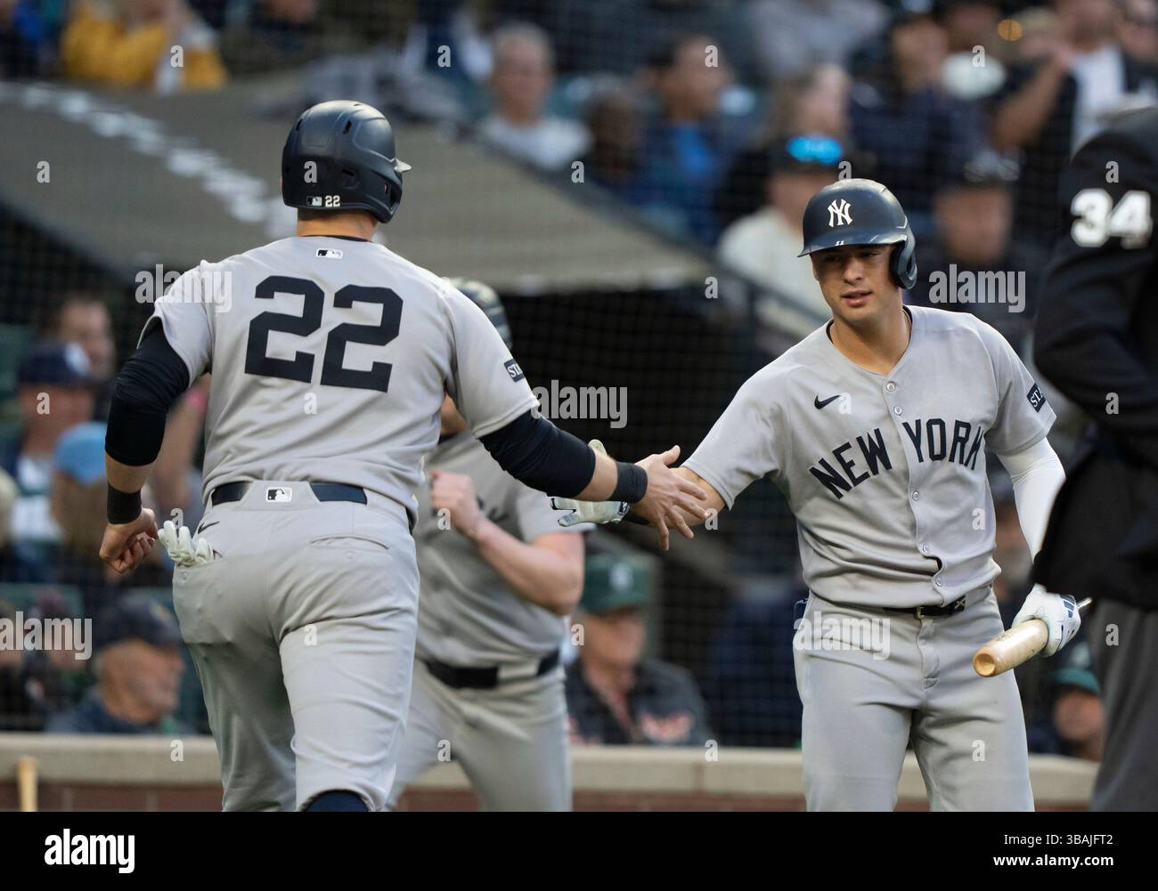 New York Yankees' Ben Rice, left, is congratulated by Anthony Volpe ...