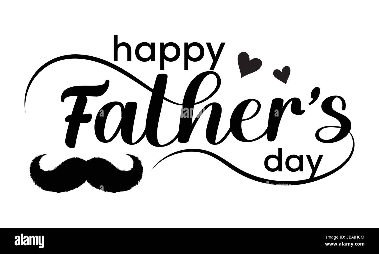Happy Fathers Day Elegant Script with Mustache and Hearts Black and ...