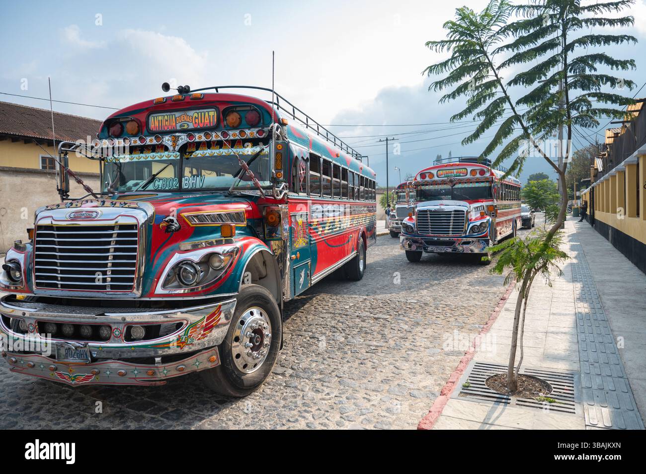 Brightly decorated chicken buses parked in a cobblestone street of ...