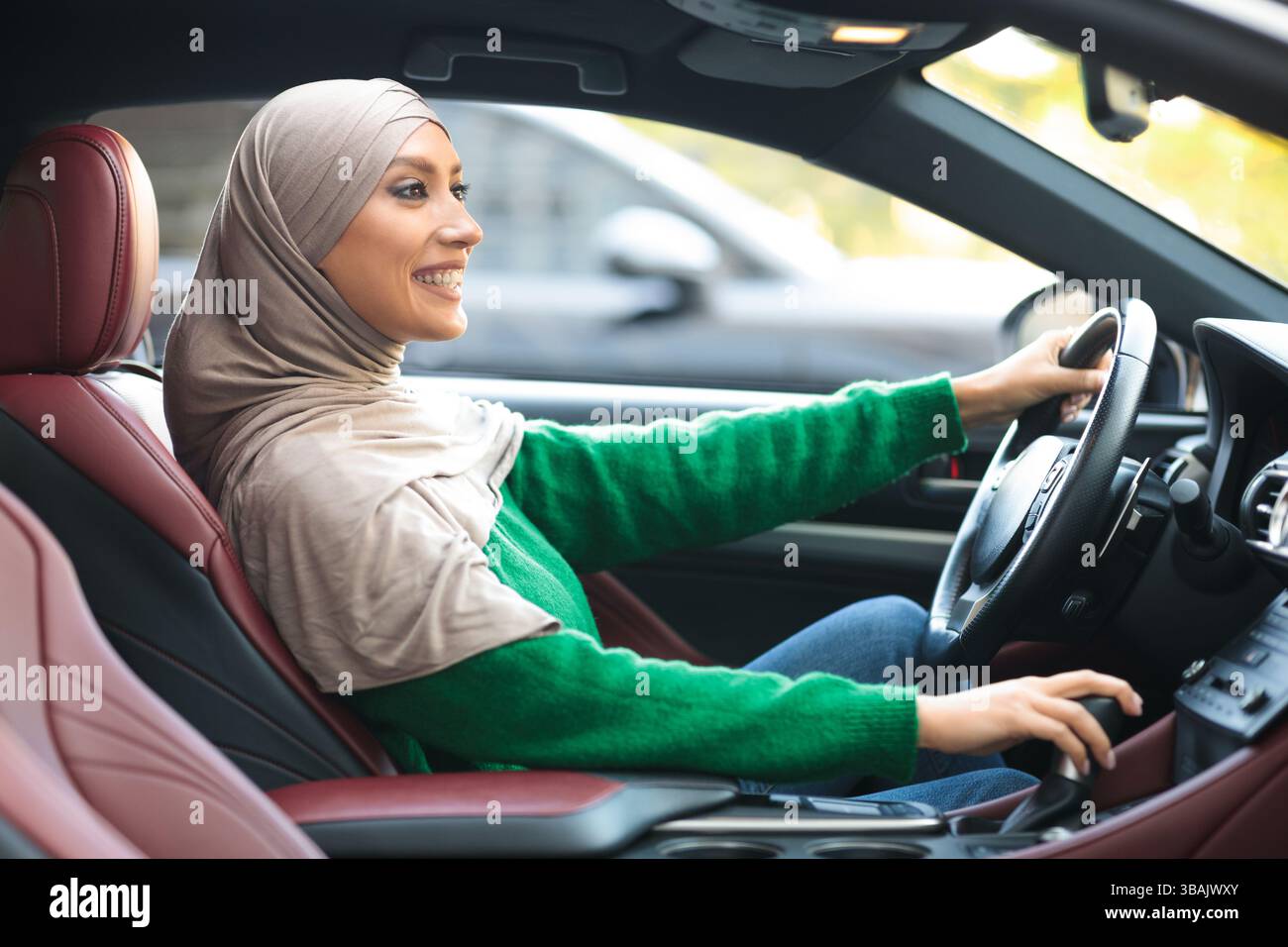 Test Drive Concept. Side View Portrait Of Happy Muslim Woman Driving ...