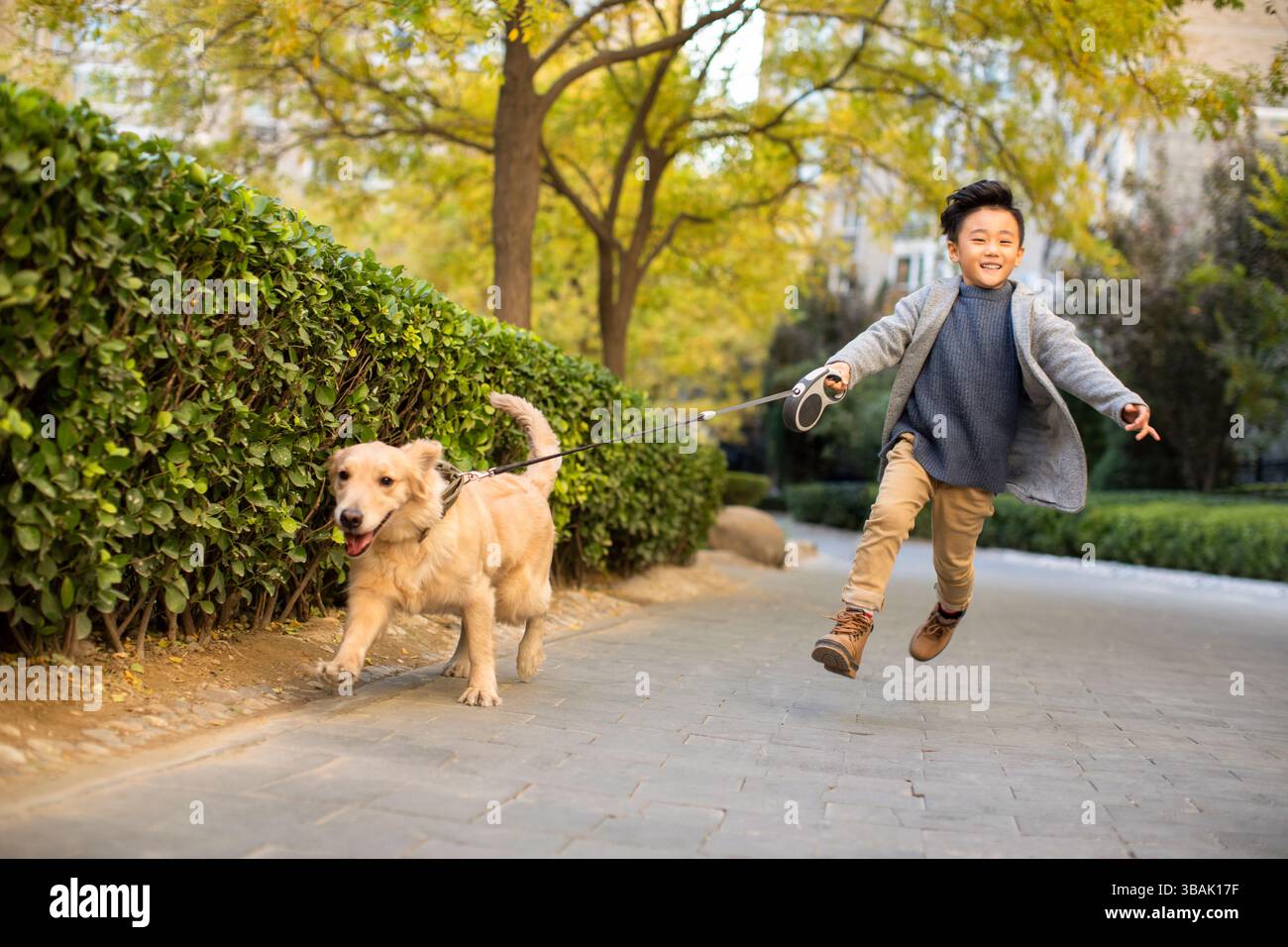 Chinese boy running with dog on street during daytime Stock Photo - Alamy
