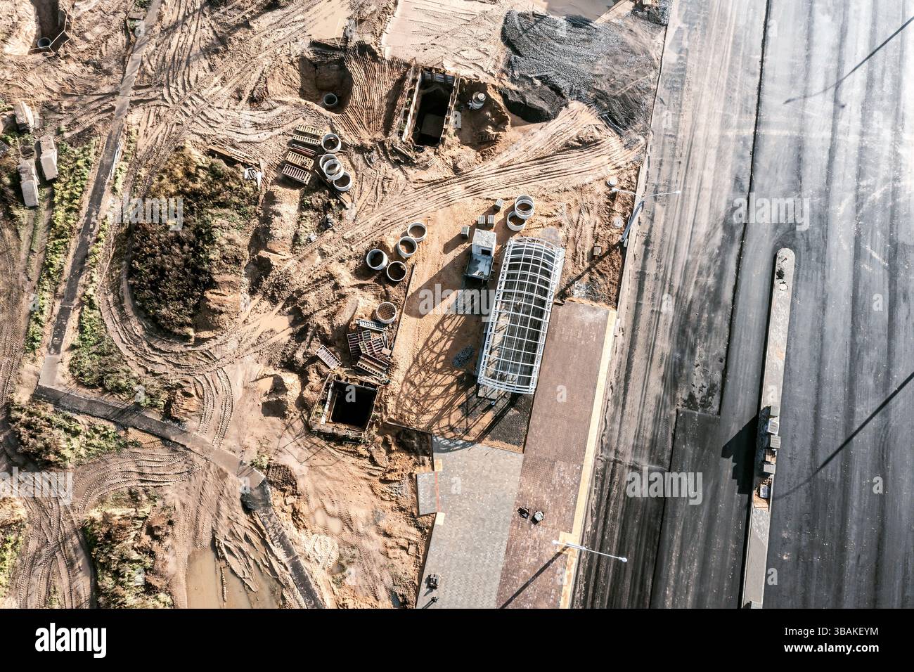 road construction site. building new road infrastructure. drone aerial ...