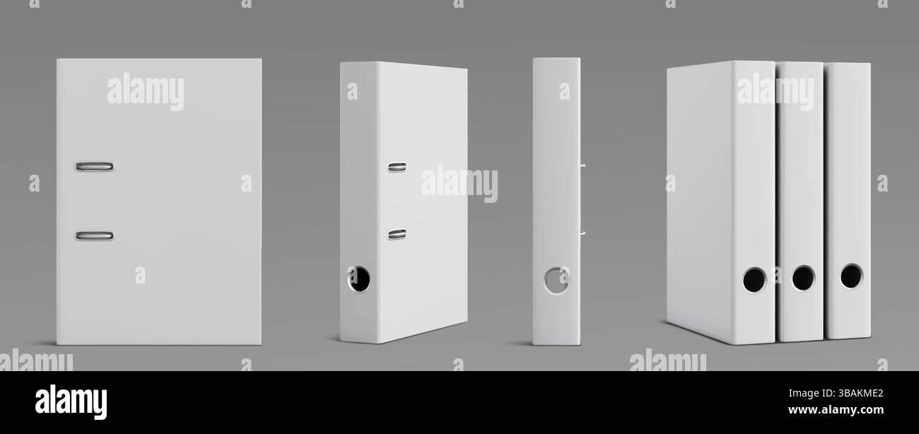 White office binders and folders mockup set from various angles. Blank ...